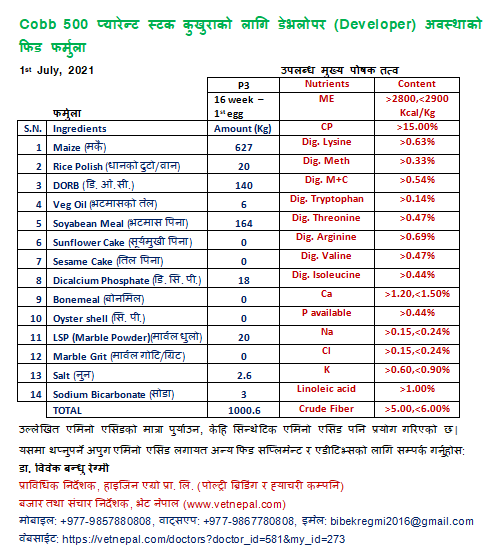 Cobb 500 Parent Feed Formulation | Vet Nepal