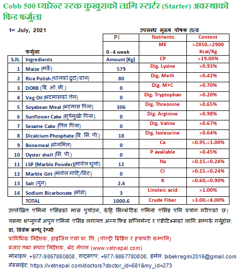 Cobb 500 Parent Feed Formulation | Vet Nepal